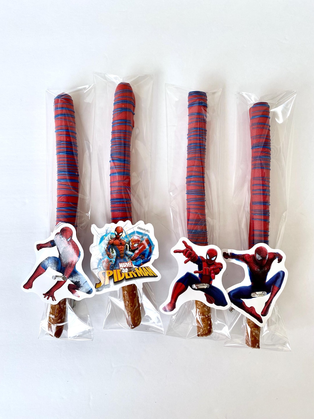Spider-man Chocolate Pretzel Rods - Dozen (12) - Red With Blue Drizzles ...
