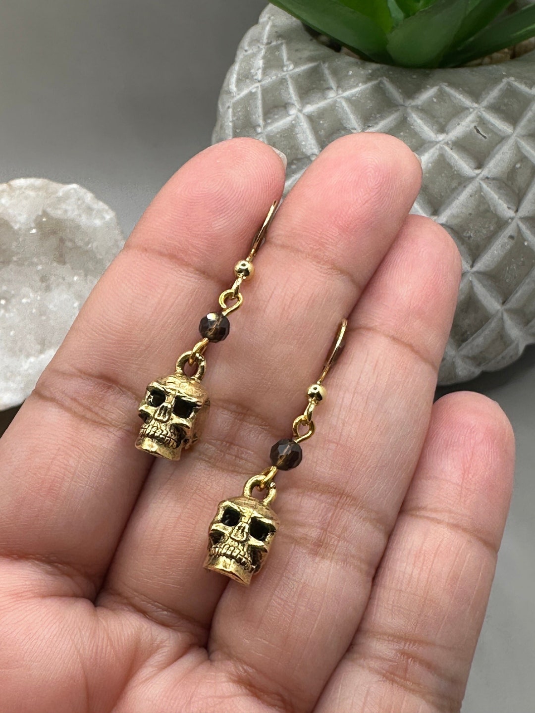 3D Skull Earrings Smoky Quartz Detail 24K Gold Covered Pewter Skulls ...