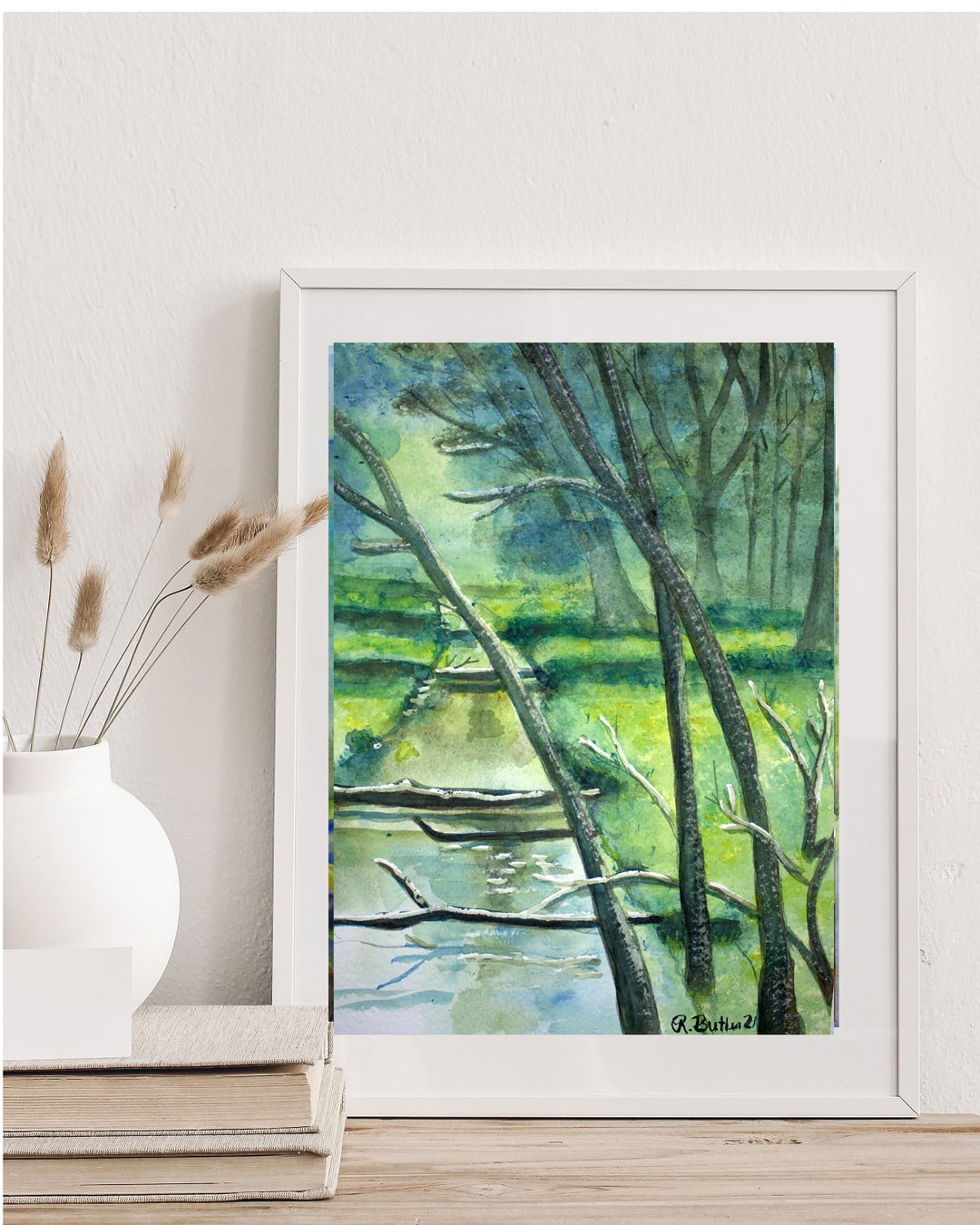 Watercolor Print, River Bank Painting, Michigan Art, Water Reflection ...