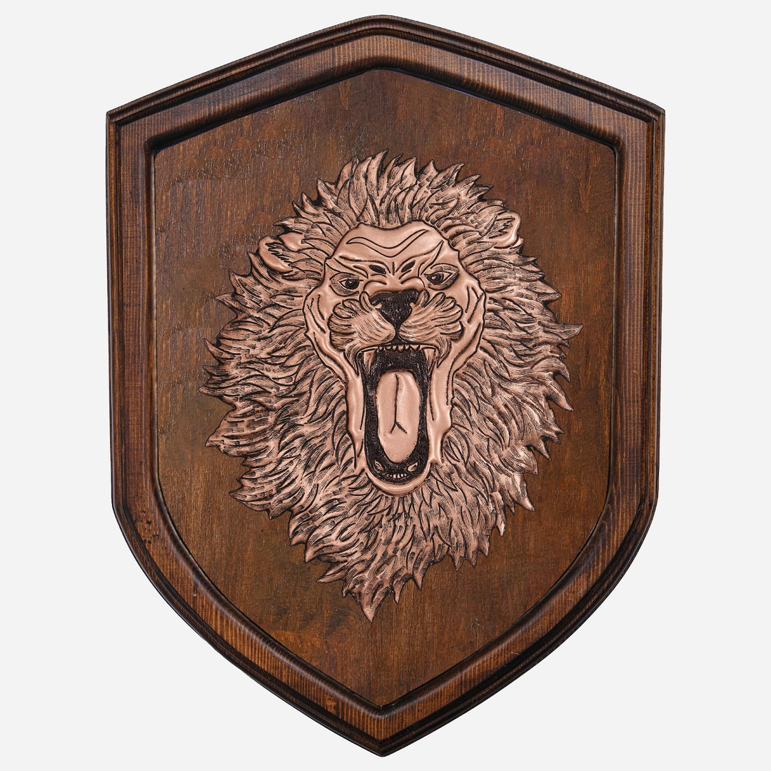 Copper Lion Crest Wall Decor Handcrafted Majestic Shield Wall Art ...