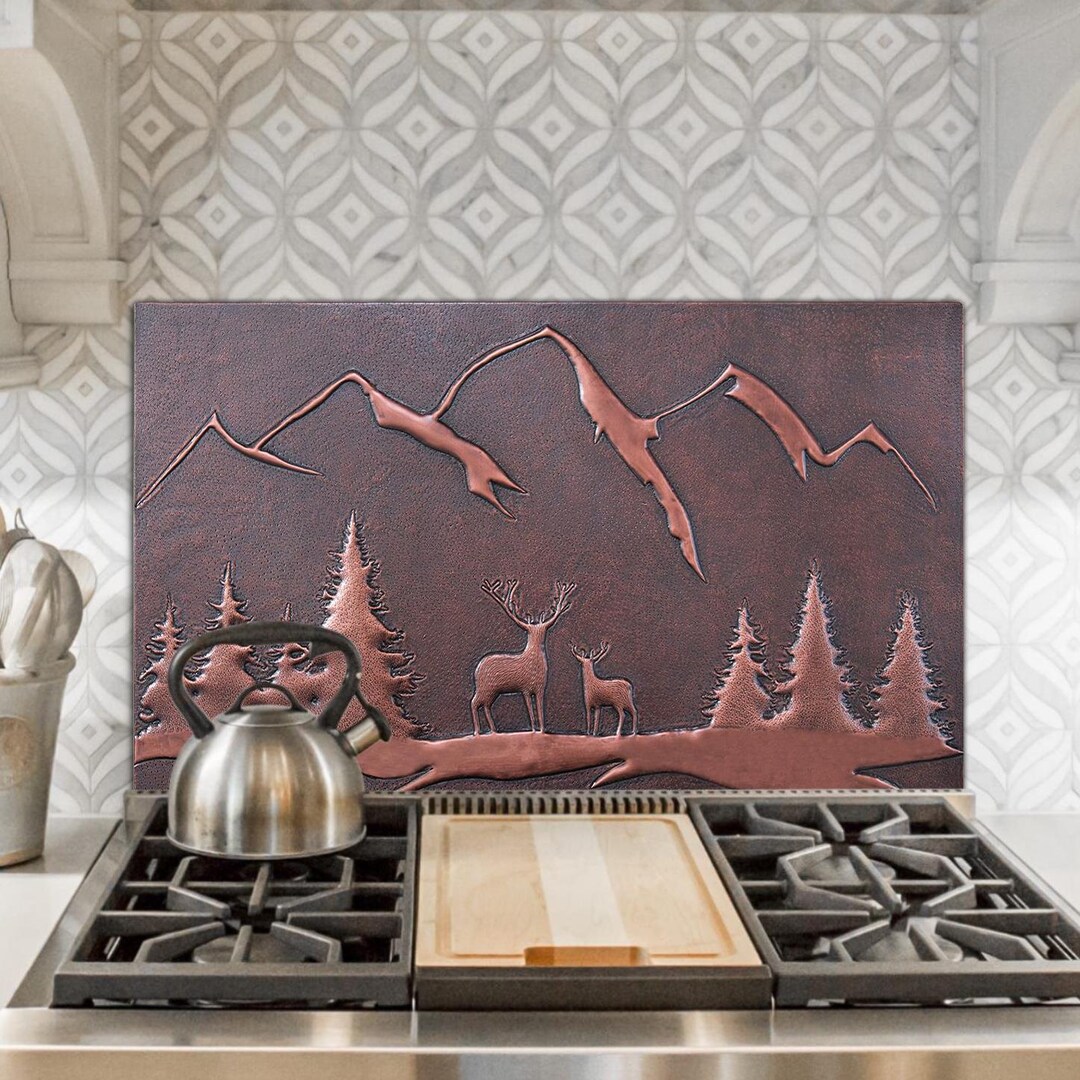Kitchen Backsplash, Deer and Pine Tree Forest With Mountain Nature ...
