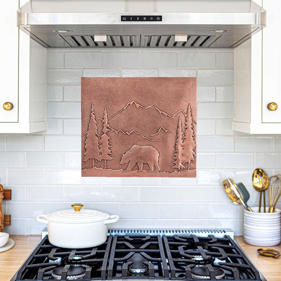 Copper Bear Scene Kitchen Backsplash 30.9"x36.5", Bear and Mountains ...