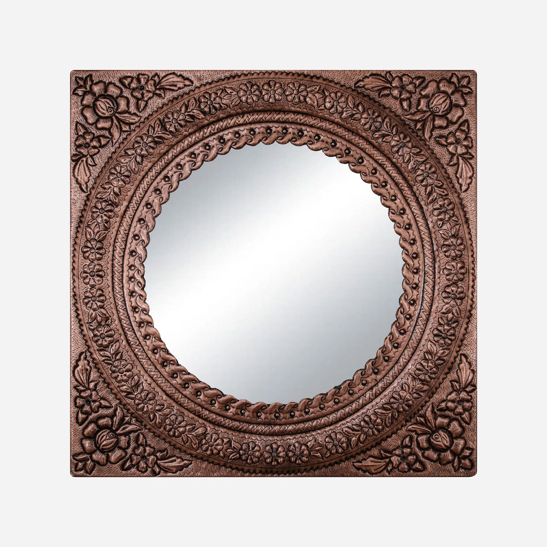 Copper Large Wall Mirror With Flowers, Metal Wall Mirror, Mirror ...