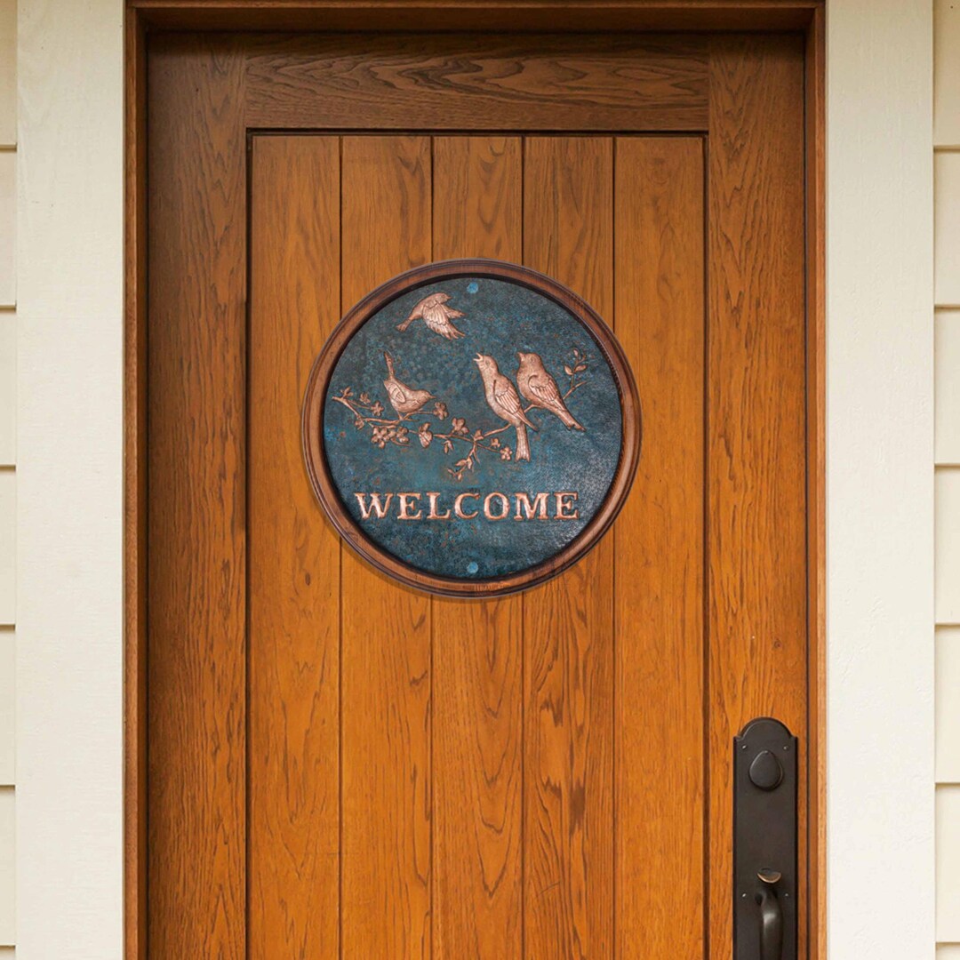 Welcome Sign, Wood Framed Front Door Copper Plaque, Home Sign, Outdoor ...
