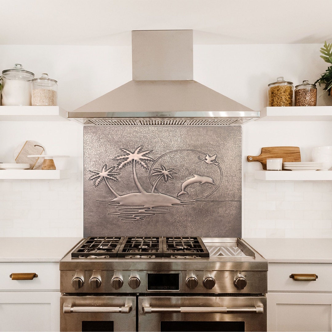 Seaside Kitchen Backsplash Decor, Full Moon Scene Behind the Palm Trees ...