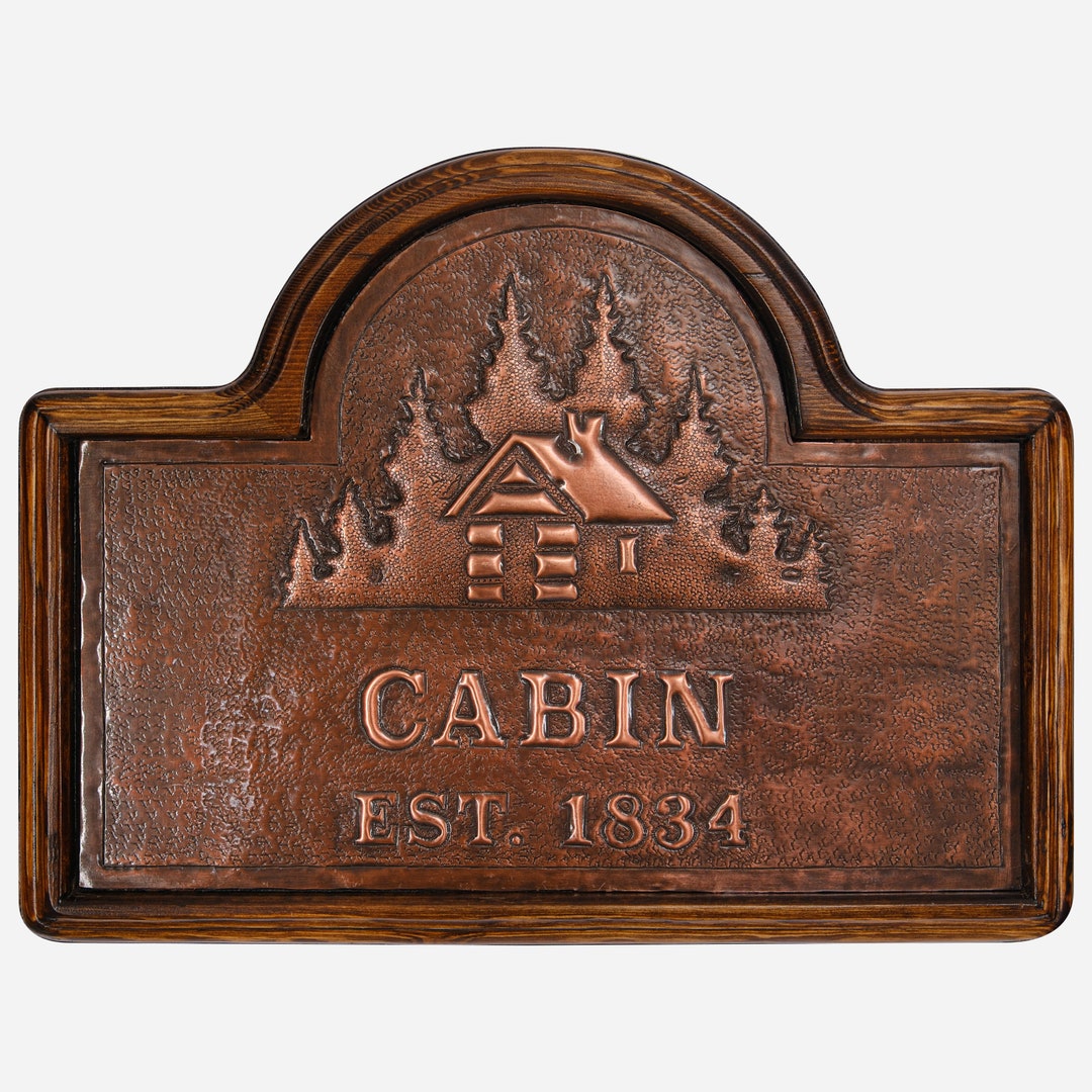 Copper Cabin Name Sign cabin and Pine Trees Personalized - Etsy