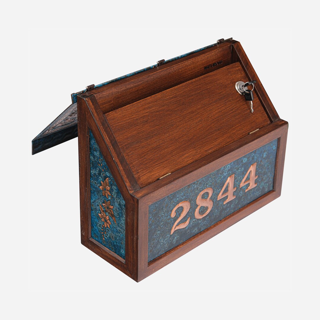 Wall Mounted Lockable Copper Mailbox, Blue Mailbox for Outside, Wood ...