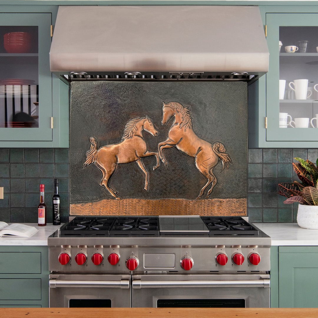 Horses Kitchen Backsplash Tile , Rearing Horses Copper Wall Panel ...