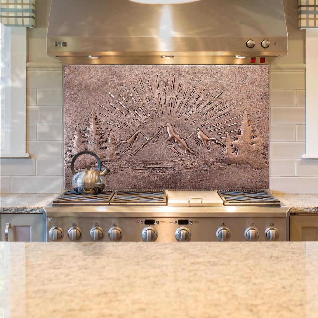 Hand Hammered Copper Mountain Sunrise Backsplash Panel, Rustic Kitchen ...