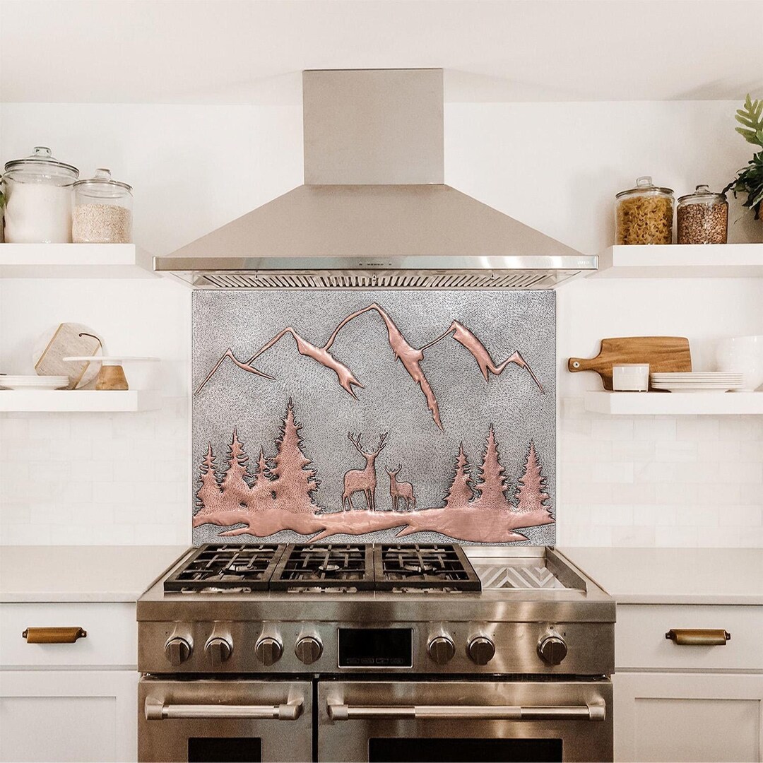 Copper Kitchen Backsplash, Deer and Pine Trees Kitchen Wall Decor ...