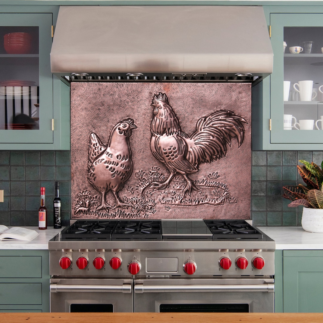 Farmhouse Kitchen Backsplash of a Rooster and Chicken Copper Decor ...