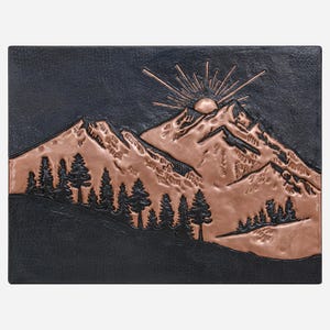Mountain Scene Copper Wall Decor, Pine Trees Mountains and Rising Sun ...