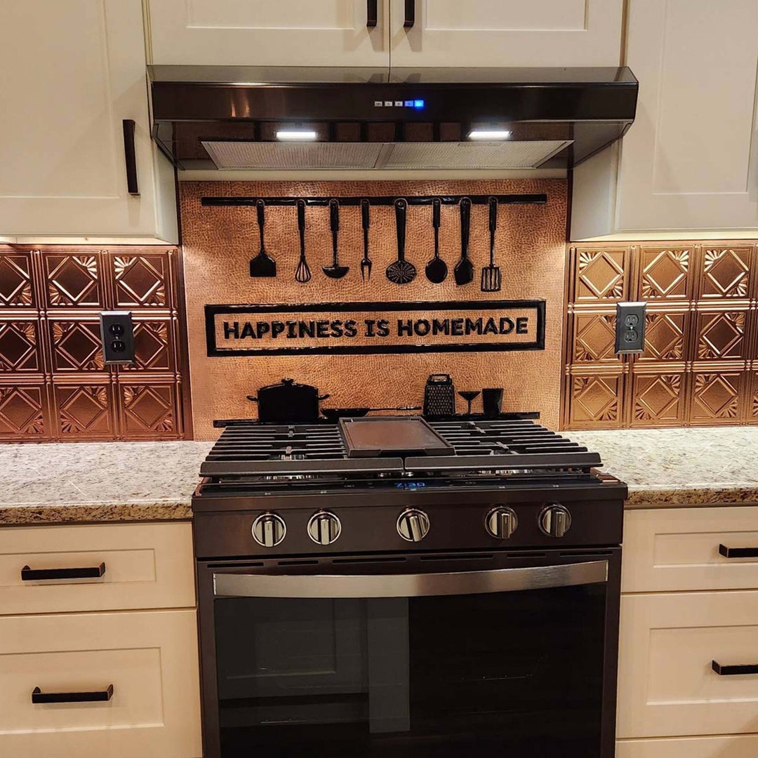Copper Backsplash Over Stove, Custom Splashback With Kitchen Utensils ...