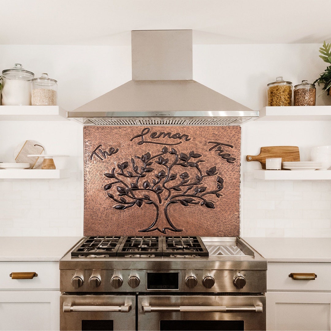 Lemon Tree Backsplash Above Stove, Copper Tile Backsplash Behind Stove ...