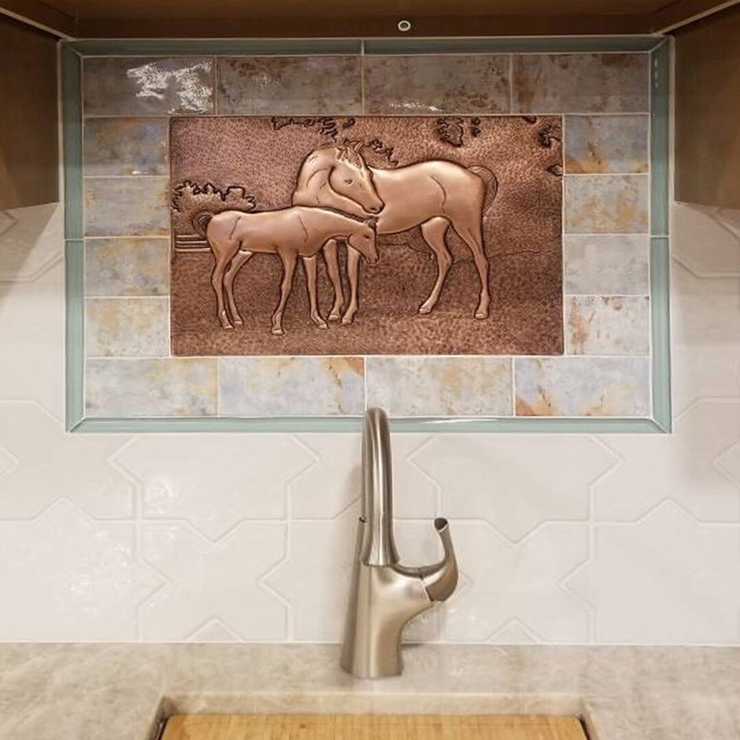 Copper Kitchen Backsplash Tile, Horse Family Backsplash Mural, Modern ...