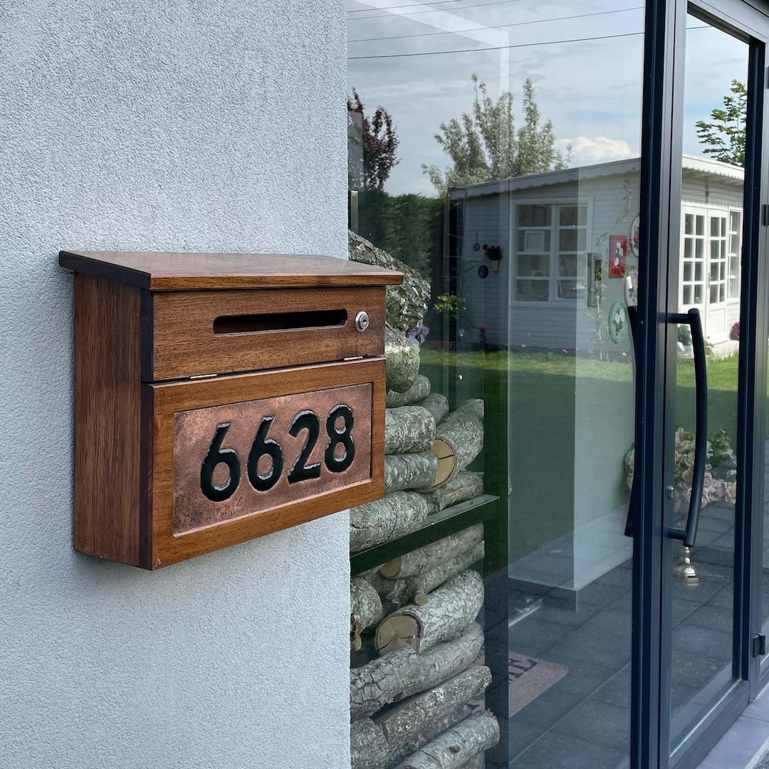 Modern Mailbox With Copper House Numbers, Wall-mount Mailbox, Wood and Copper Letterbox ...