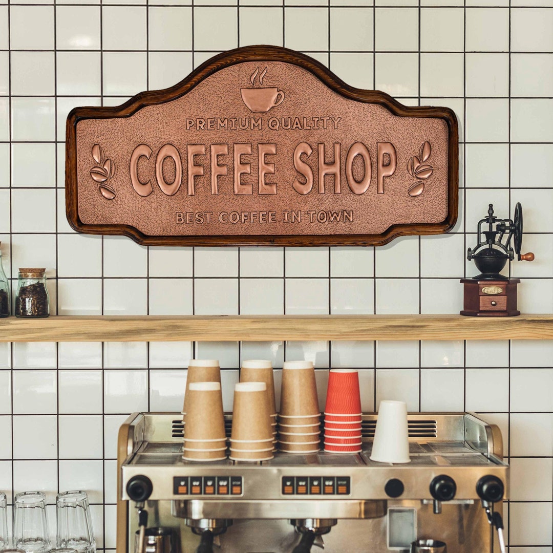 Coffee Shop Sign, Custom Cafe Sign, Wood and Copper Sign, Outdoor Metal ...