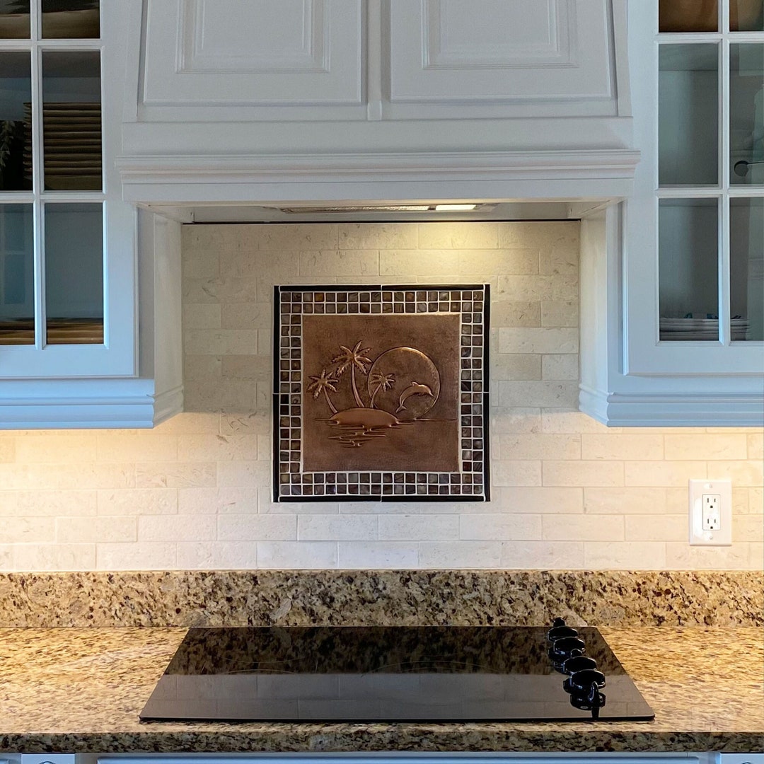Handmade Copper Coastal Backsplash Tile: Palm Trees & Rising Sun - Etsy