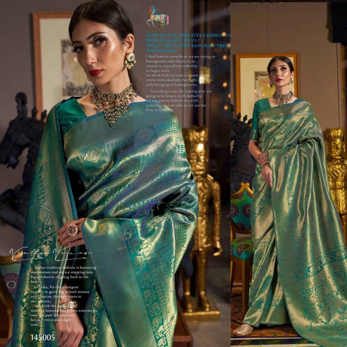 Royal Princess Golden Green Kanjivaram Silk Saree With | Etsy