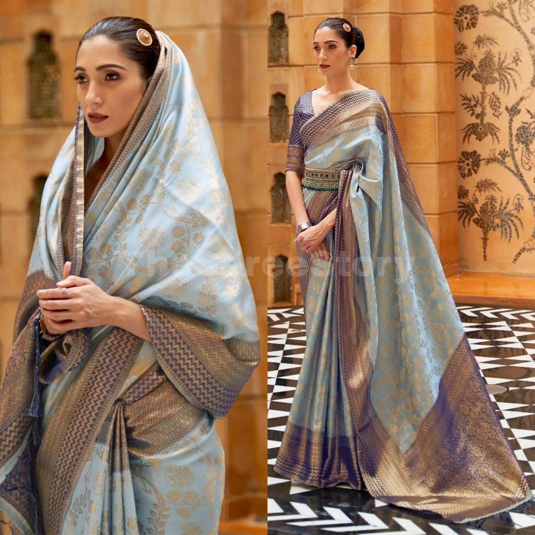 Silver Gray Banarasi Zari Weaving Silk Saree With Beautiful - Etsy
