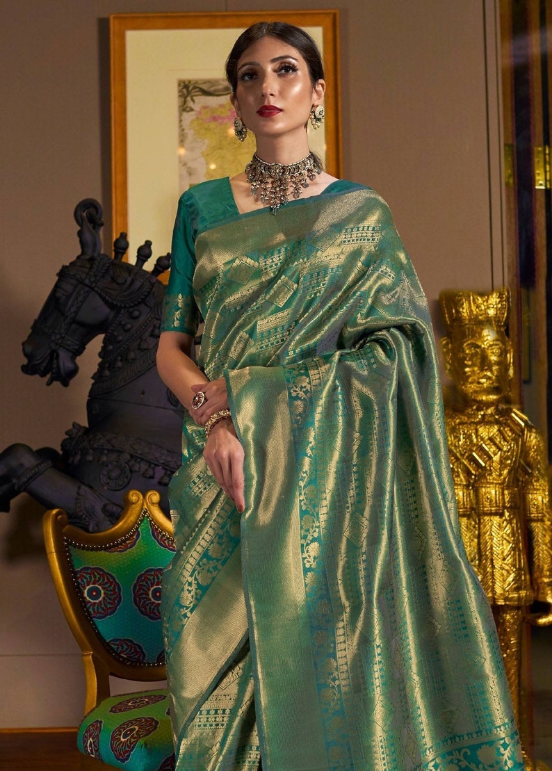Royal Princess Golden Green Kanjivaram Silk Saree With | Etsy