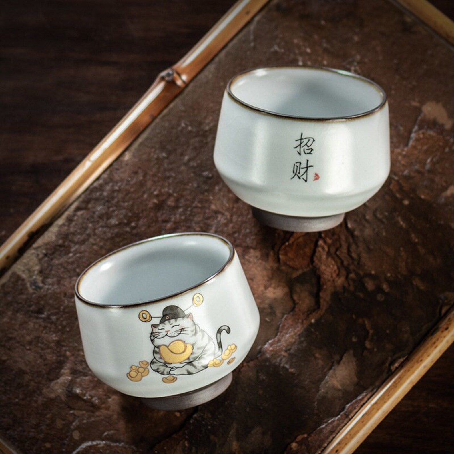 Embersceramic Ruyao Ceramic Teacup Set of 2 Cups Lovely Cat - Etsy