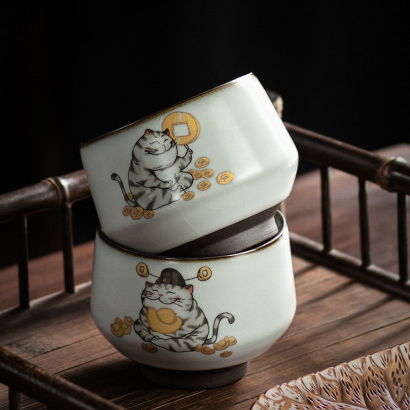 Embersceramic Ruyao Ceramic Teacup Set of 2 Cups Lovely Cat - Etsy
