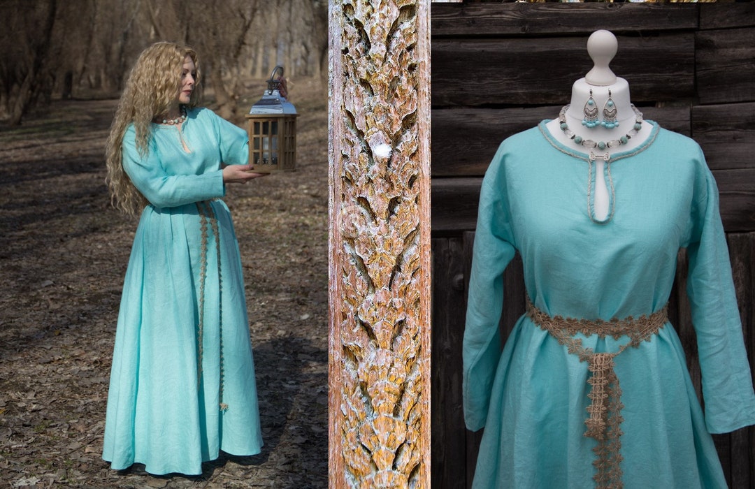 Embroidered Linen Viking Tunic Dress for Women - Teal Scandinavian ...