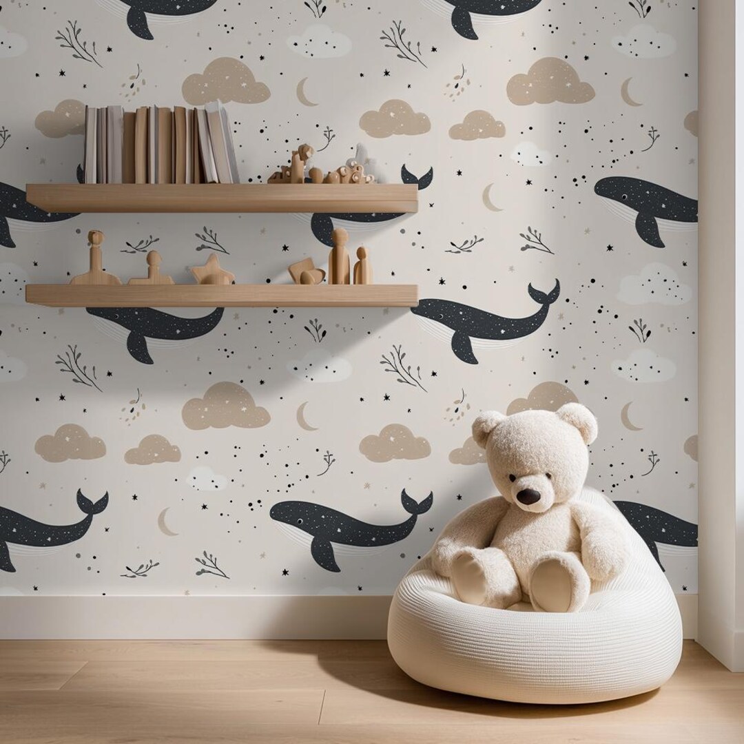Whale Kids Wallpaper: Neutral Ocean Theme Wall Mural for Nursery or ...