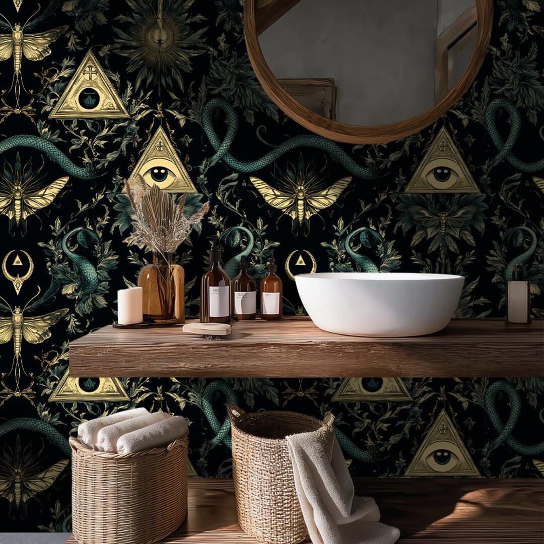 Mystical Occult Wallpaper – Dark Gothic Mural With Snakes, Moths, and ...