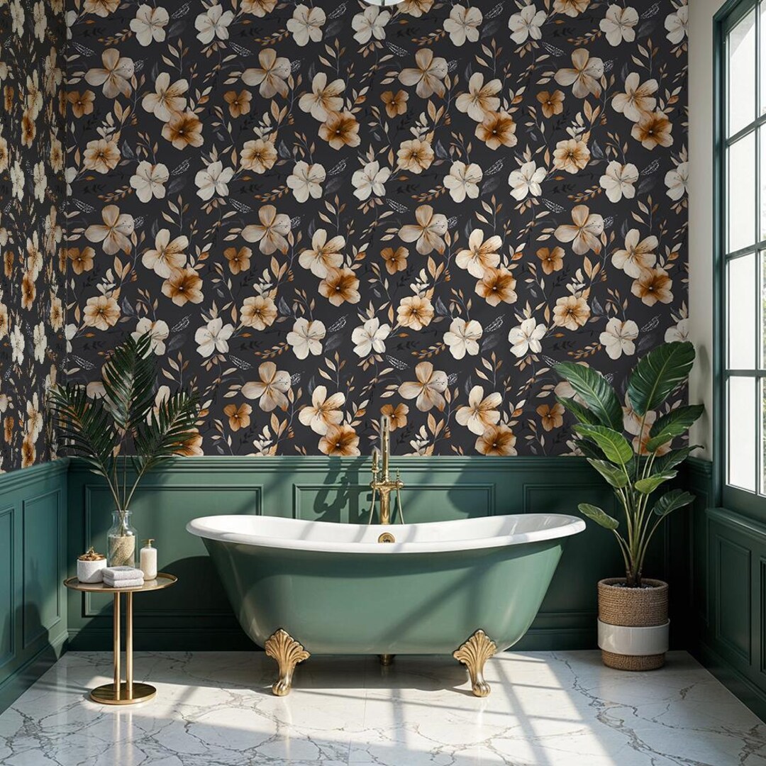 Dark Floral Wallpaper: Moody Botanical Wallpaper for Vintage Bathroom ...