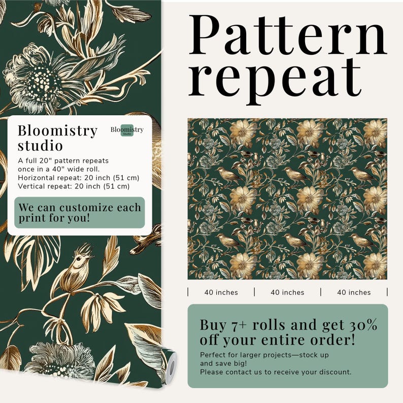 Green and Gold Floral Wallpaper With Birds – Vintage Botanical Wall ...