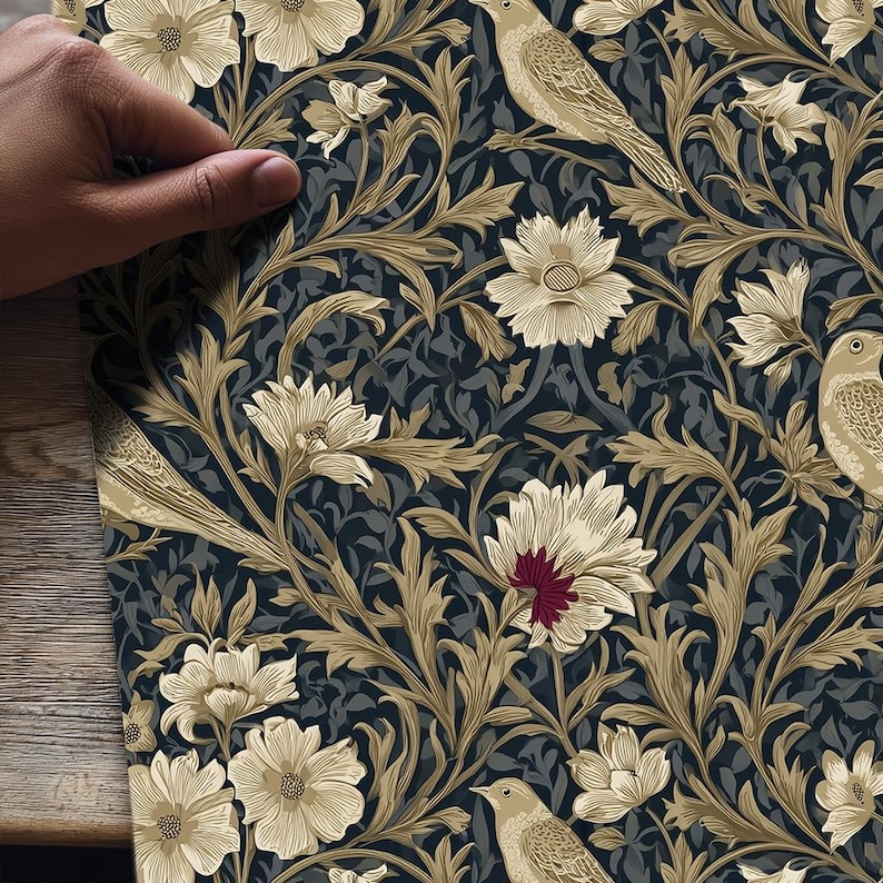 William Morris Bird Wallpaper: Dark Floral Peel and Stick Mural BS265 ...