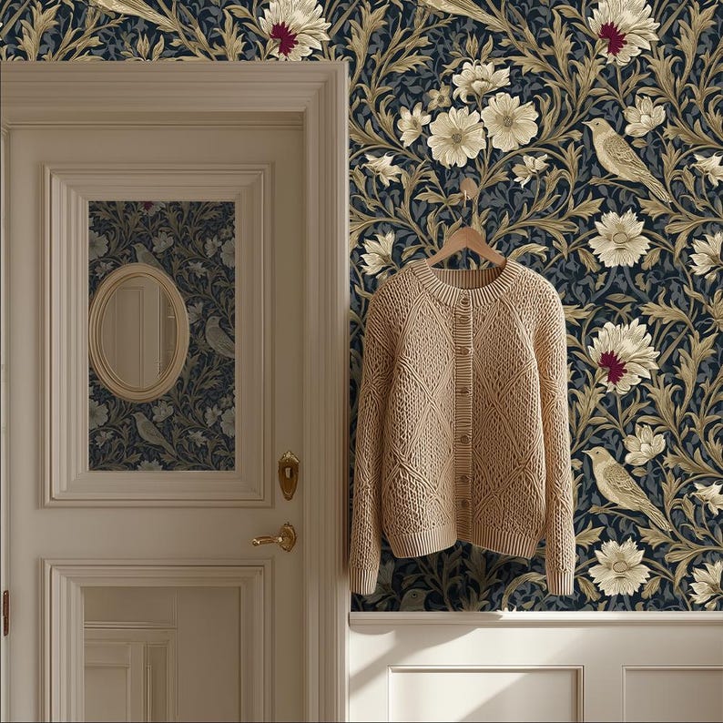 William Morris Bird Wallpaper: Dark Floral Peel and Stick Mural BS265 ...