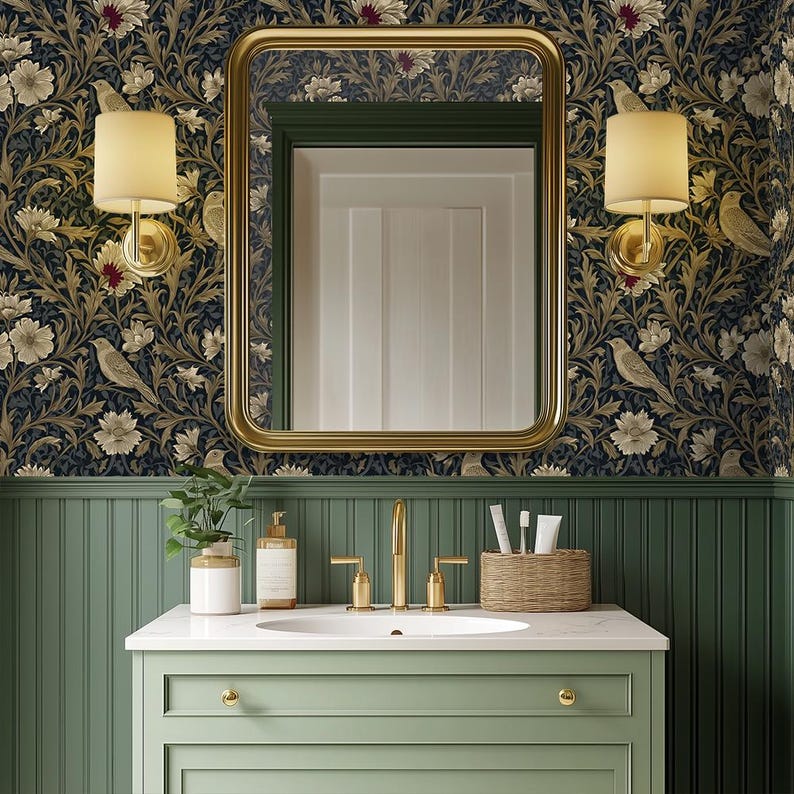 William Morris Bird Wallpaper: Dark Floral Peel and Stick Mural BS265 ...