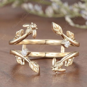 Bee and Leaf Wedding Band Yellow Gold Leaf Cage Ring Enhancer Unique Women Stacking Ring Vine Delicate Women Leaf Matching Ring Vintage
