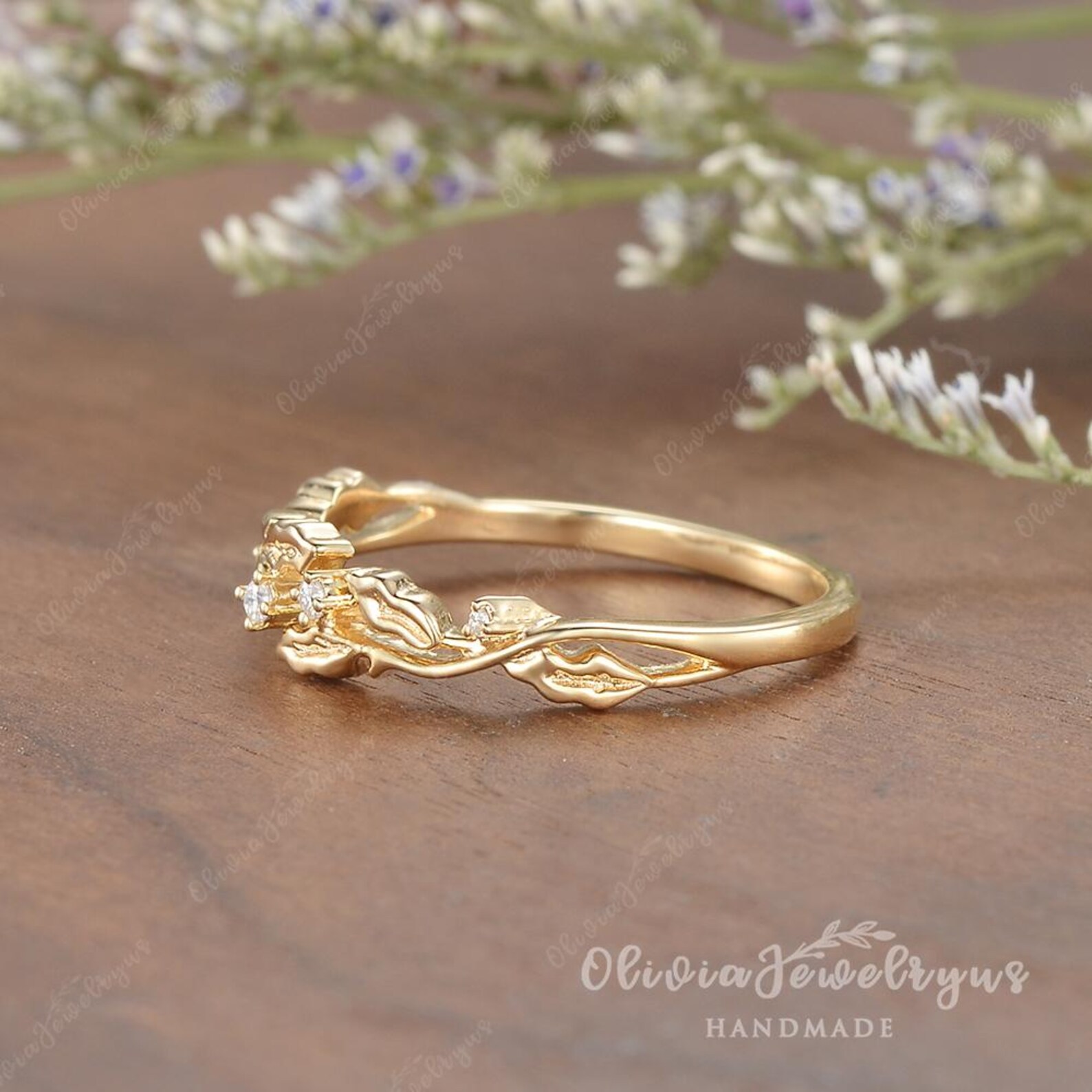 Delicate Oak Leaf Wedding Band Moissanite Yellow Gold Leaf Promise Ring ...