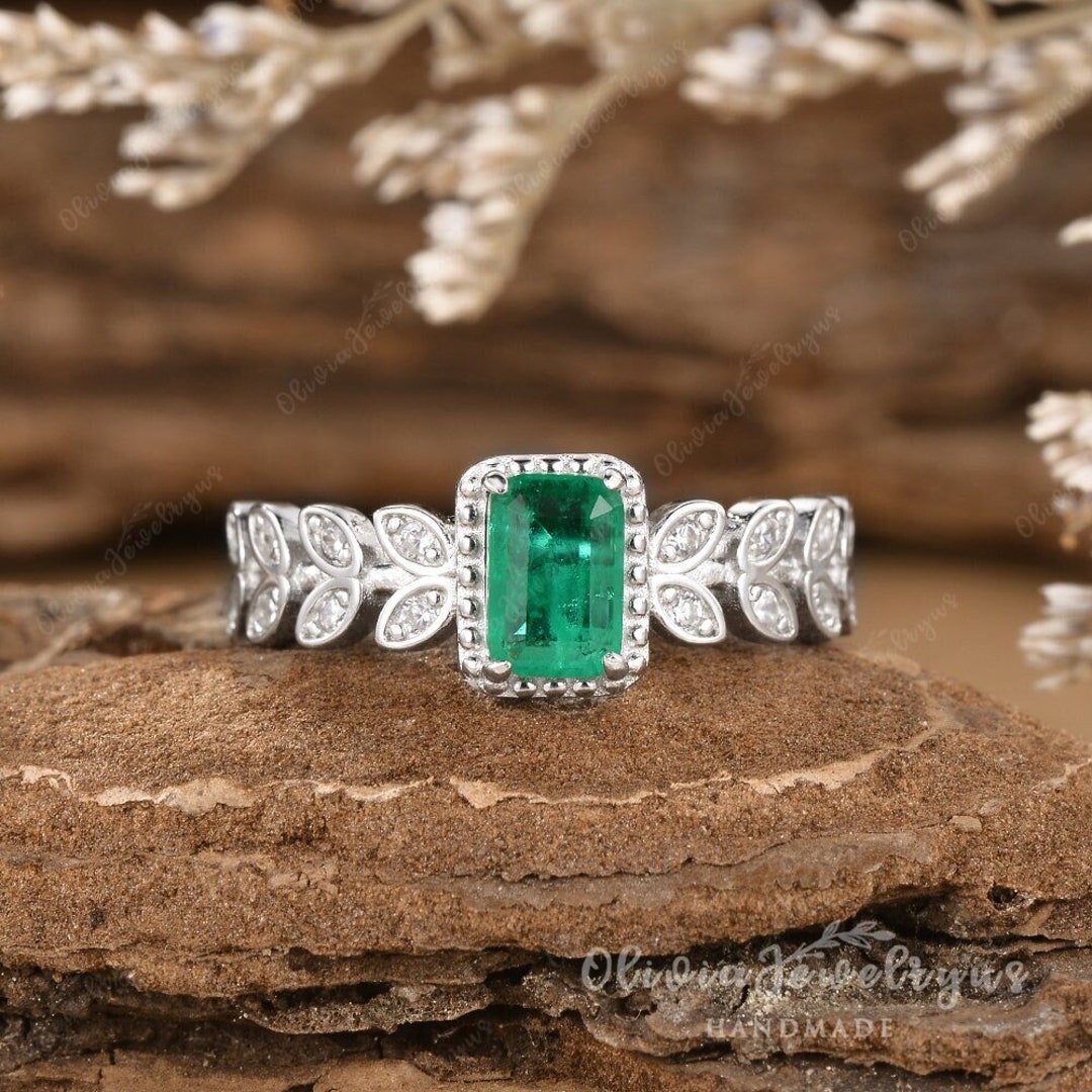 Emerald Cut Lab Emerald Engagement Ring Leaf Emerald Ring Natural ...