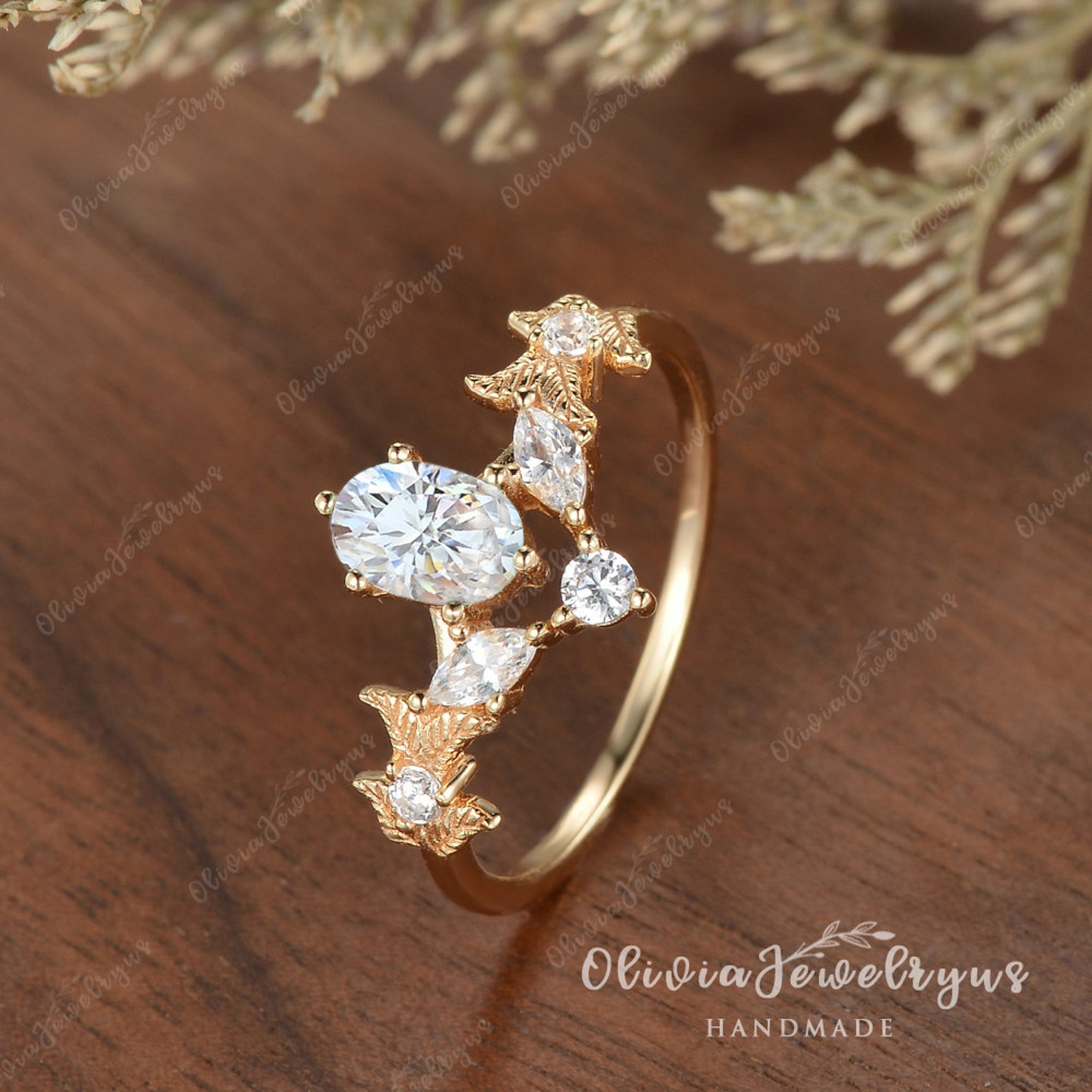 Oval Moissanite Engagement Ring Dainty Leaf Wedding Ring - Etsy