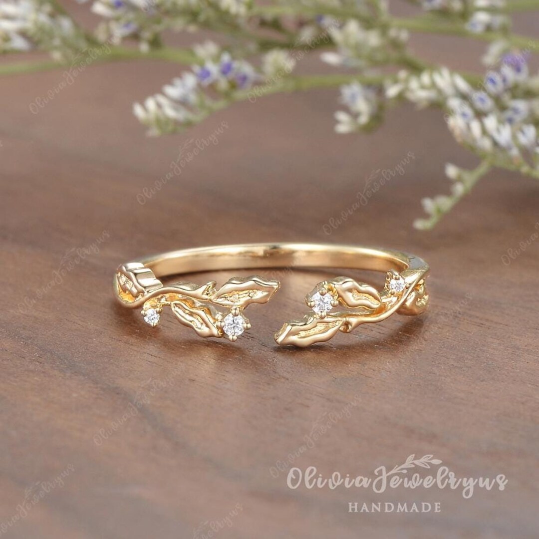 Oak Leaf Curved Wedding Band Moissanite Oak Leaf Open Ring Nature ...