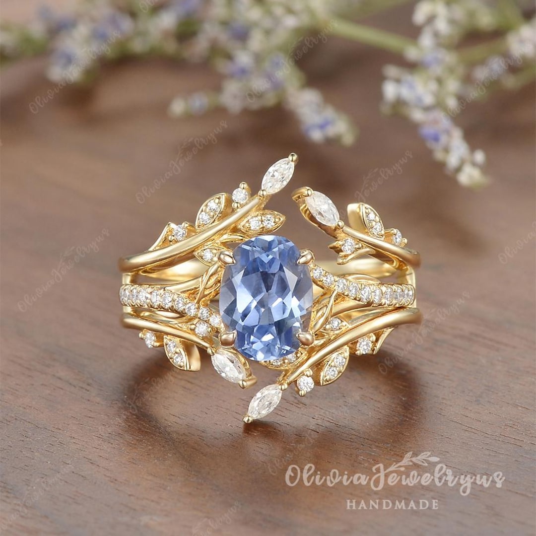 2025 New Vintage Cornflower Blue Sapphire Leaf Engagement Ring Set in ...