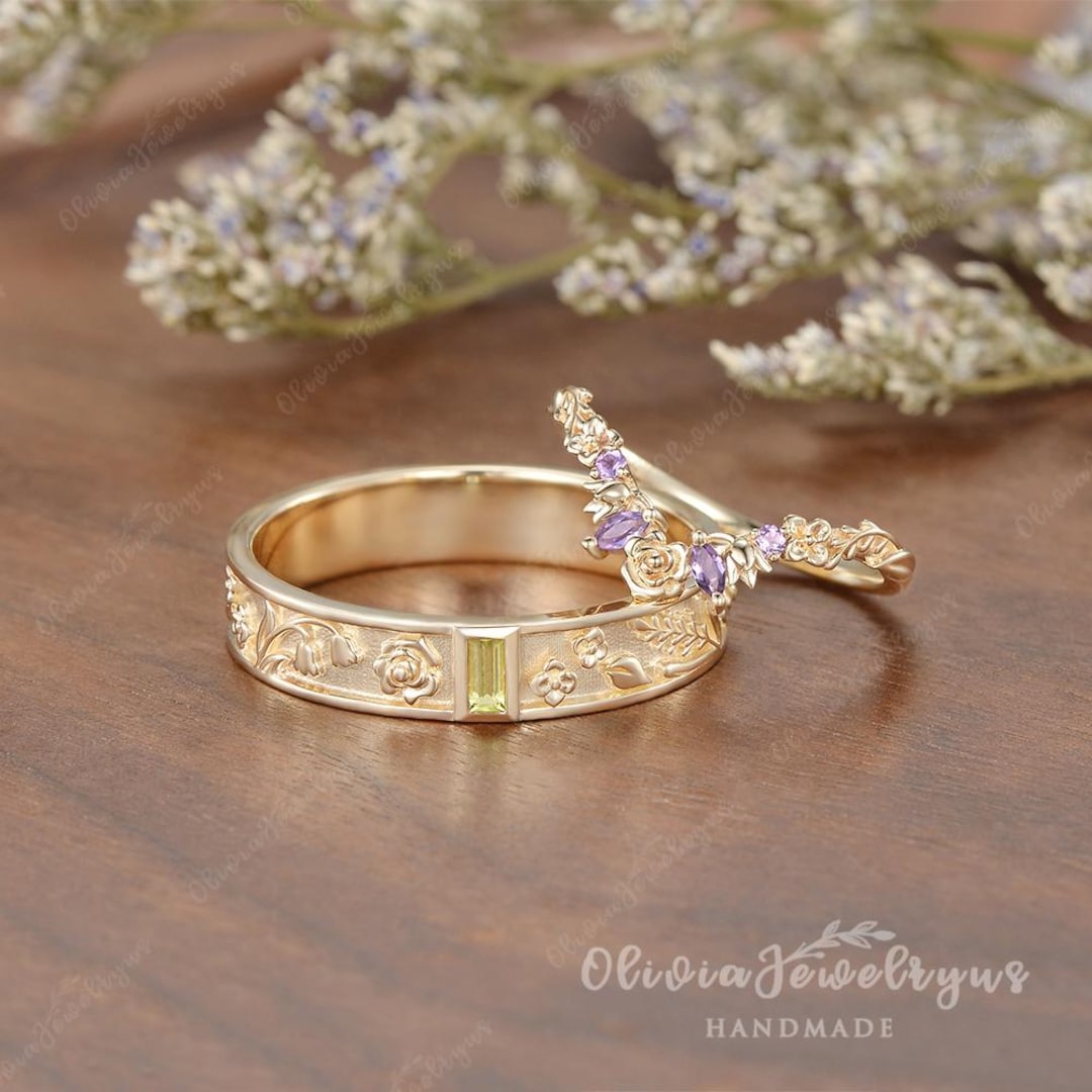 Monet Garden Couple Rings Set Romantic Nature Promise Rings Yellow Gold ...