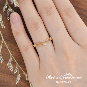 Curved Wedding Band Art Deco Wedding Ring Women Yellow Gold Filigree Matching Ring Vintage ...