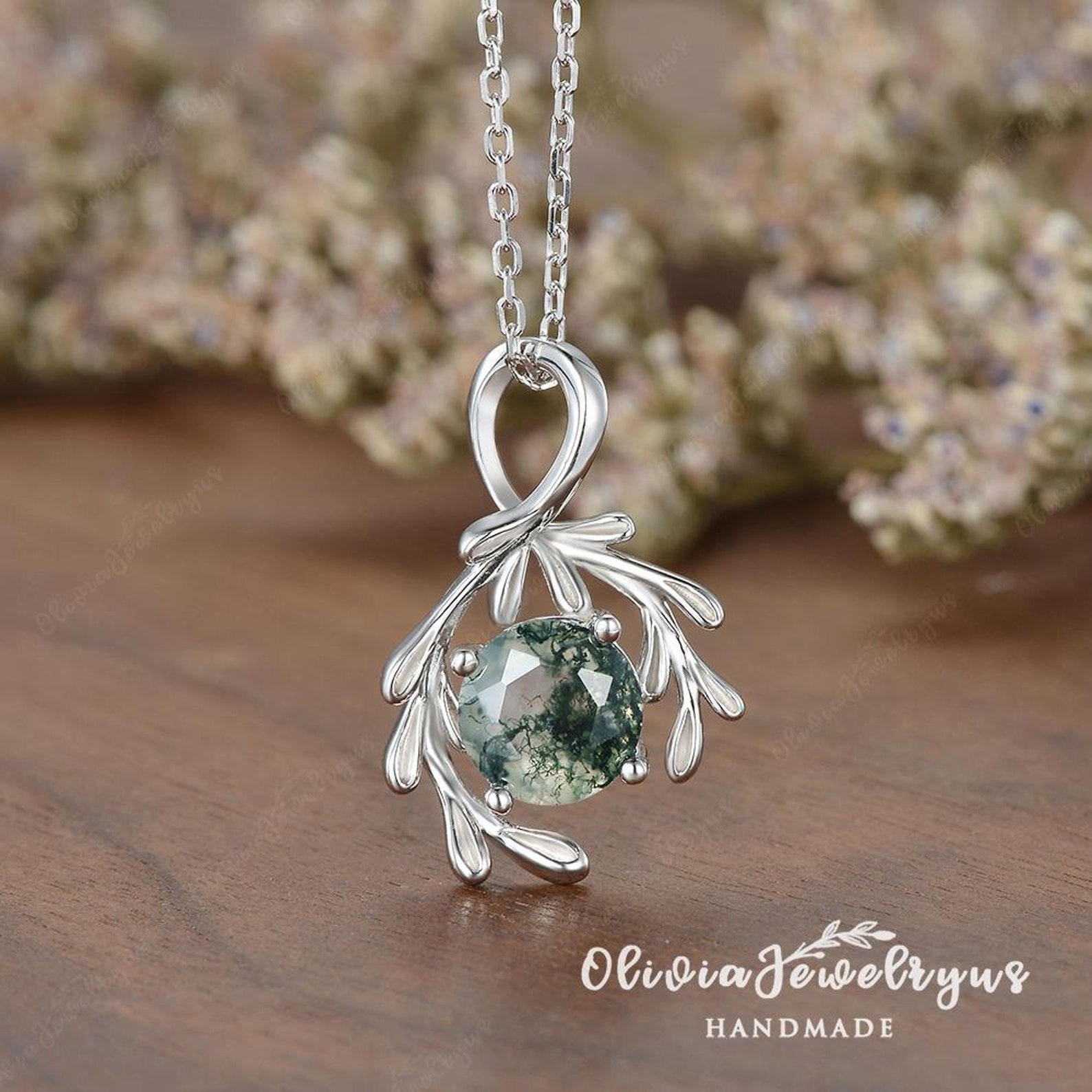 Moss Agate Leaf Pendant Necklace Women Olive Branch Necklace Nature ...