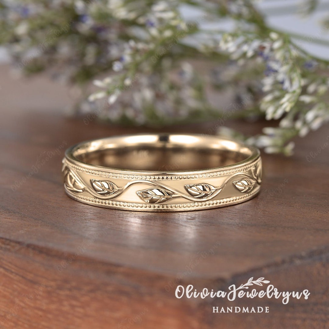 Leaf Wedding Band Men One of a Kind Leaf Flower Wedding Ring Yellow ...