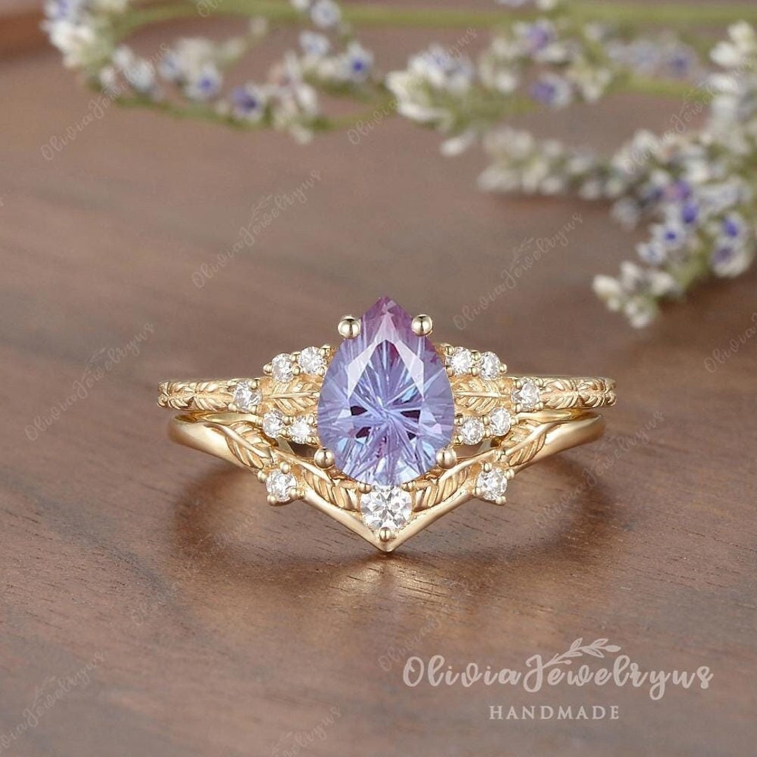 Fairy Engagement Ring Set Unique Firework Cut Alexandrite Engagement ...