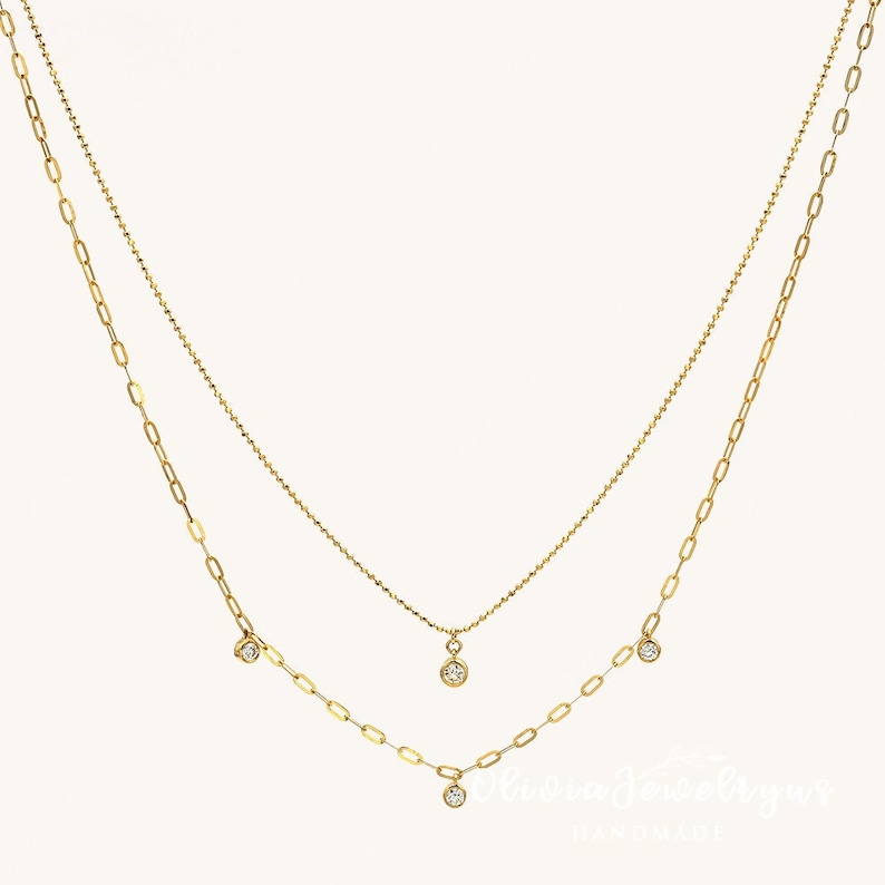 Diamond Stacking Necklace Double Chain Necklace Tiny Moissanite Pendant ...