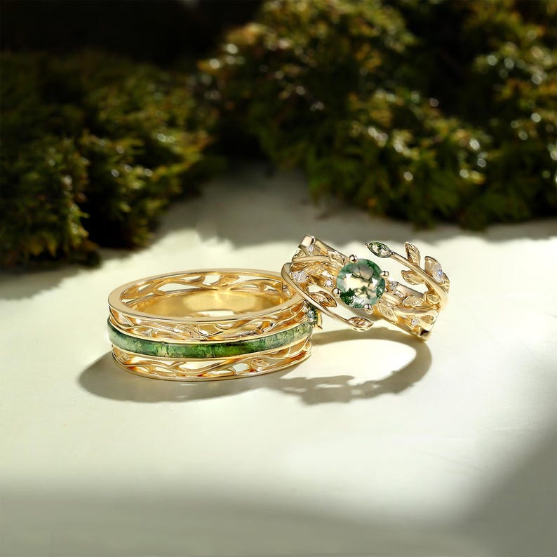 Moss Agate Wedding Band Couple Ring Oak Leaf Branch Engagement Ring Set ...