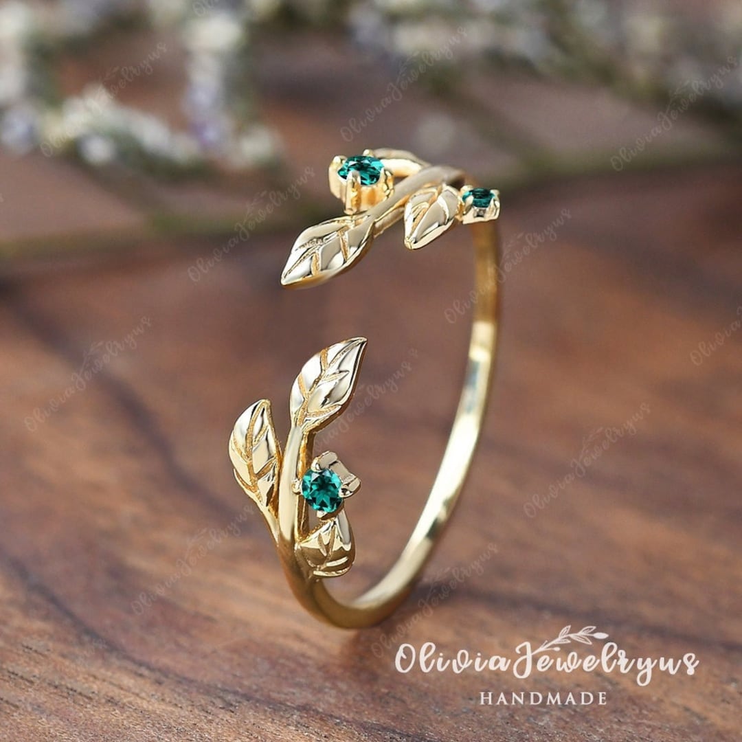 Emerald Leaf Wedding Band Leaf Open Ring Yellow Gold Leaves Ring Vine ...