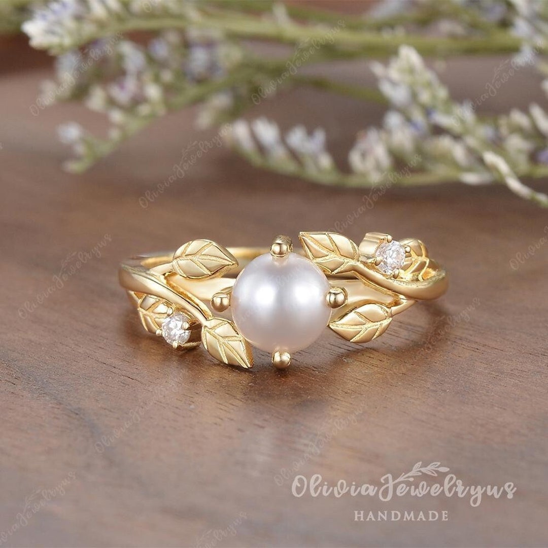 6mm Natural Pearl Ring Yellow Gold Akoya Pearl Engagement Ring Vintage ...